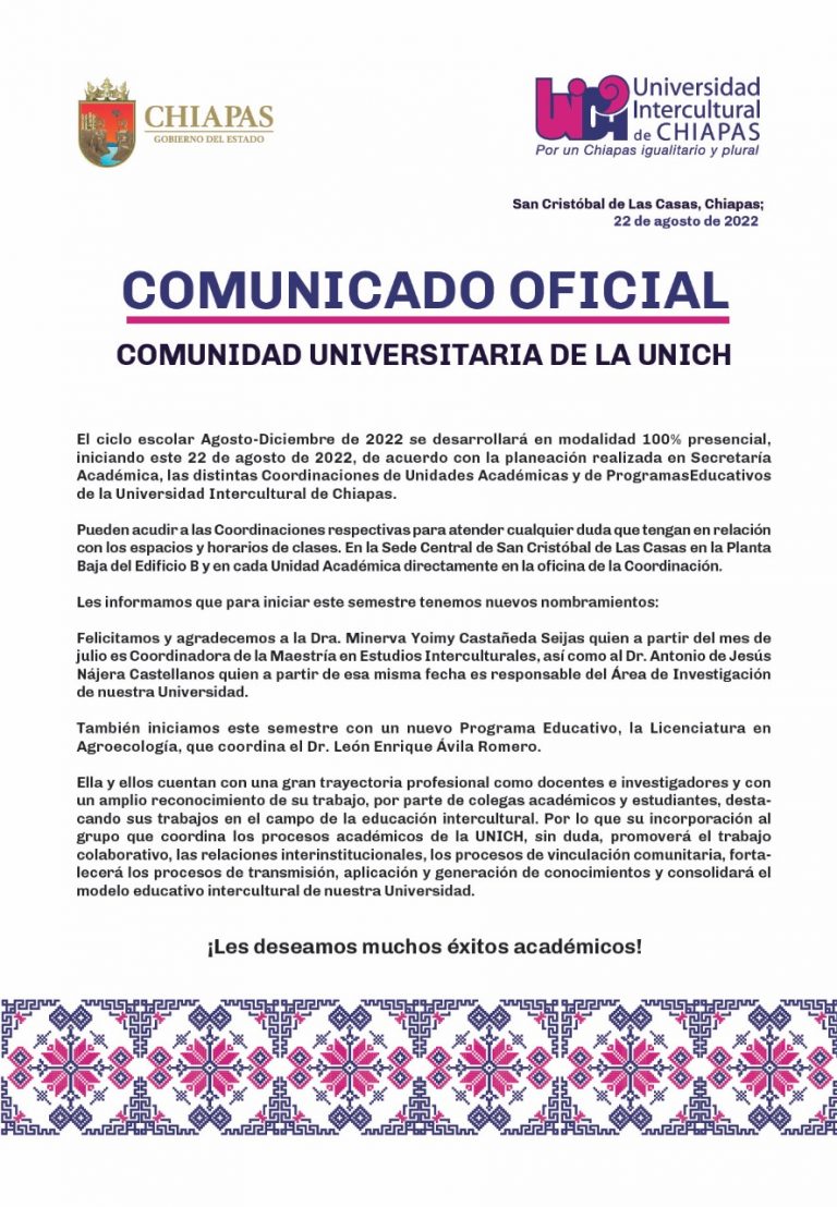 Comunicado Inicio Ciclo escolar Agosto-Diciembre 2022 | UNICH